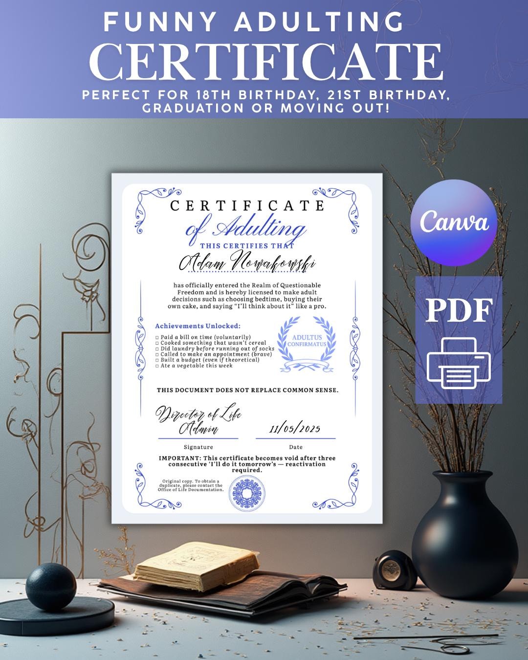 Funny Adulting Certificate • Graduation, 18th Birthday Gift (editable ...