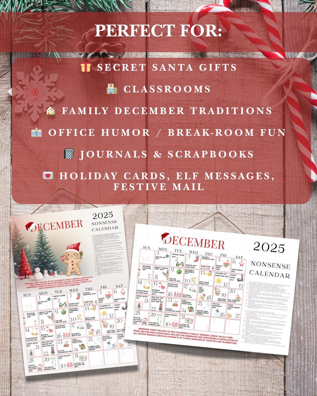 Funny December Nonsense Calendar • Printable Elf-themed Holiday ...