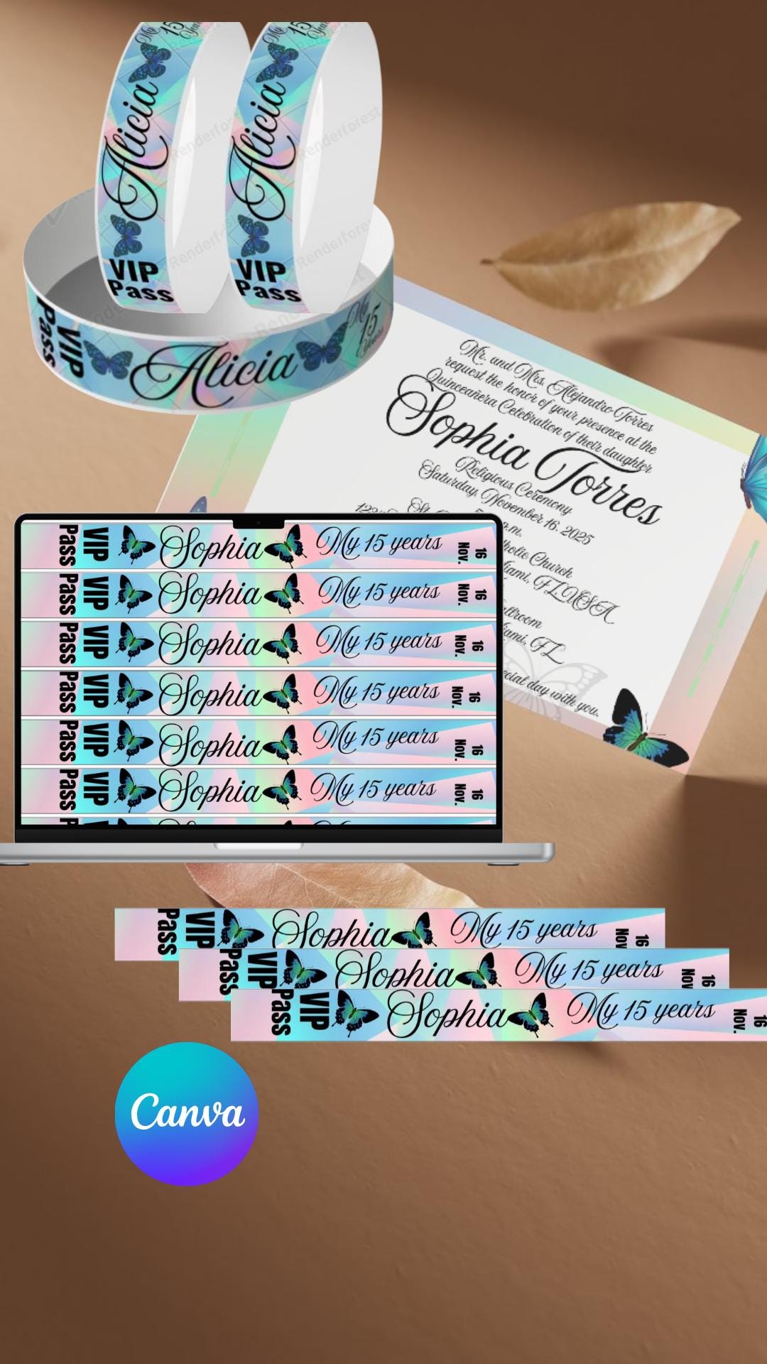 Holographic Tyvek Wristbands Editable Template With Gift Card | Custom ...