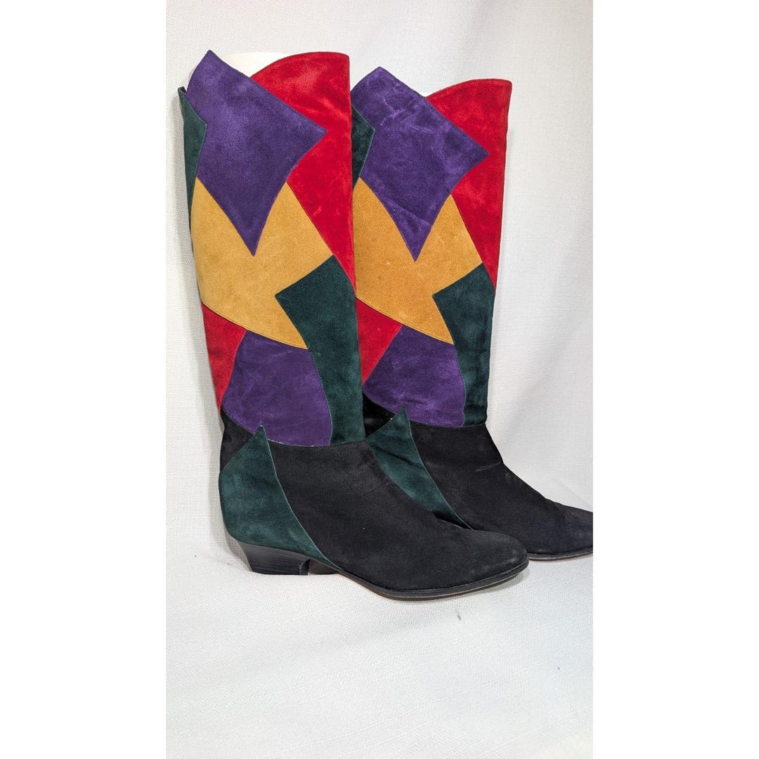 J Renee Suede Colorblock Patchwork Knee High Boots 9 Vintage 80s Made ...