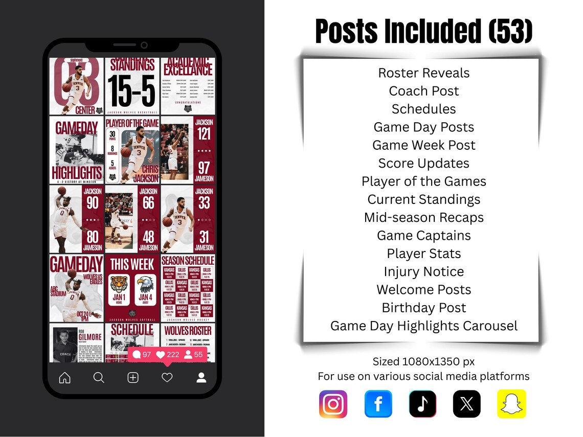 53 Sports Social Media Templates, Sports Canva Template, Burgundy ...