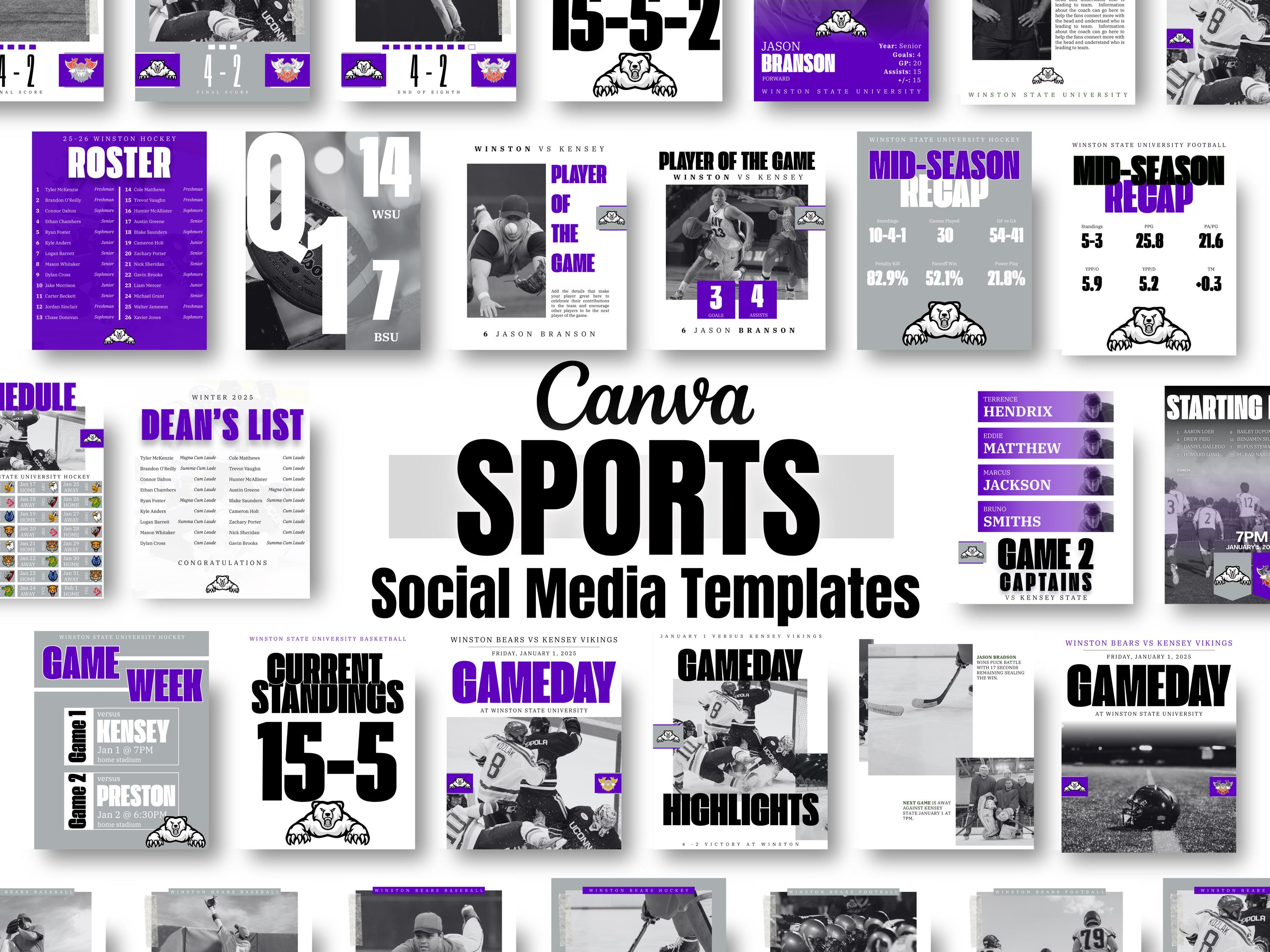 50 Sports Social Media Templates, Sports Canva Template, Purple and ...