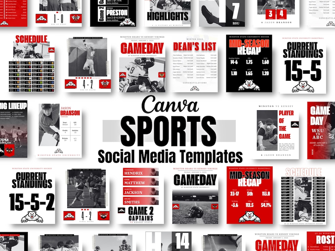 50 Sports Social Media Templates, Sports Canva Template, Black and Red ...