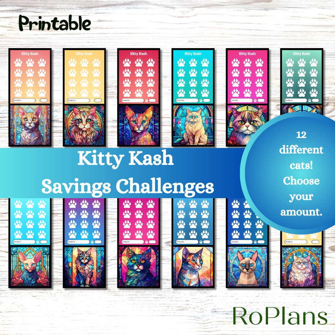 Kitty Kash Mini Savings Challenges - Set of 12 Stained Glass Cat-themed ...