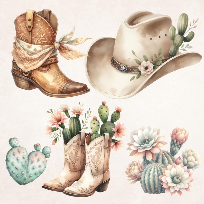 Cowgirl Boots & Cactus Watercolor Clipart | Boho Western PNG ...