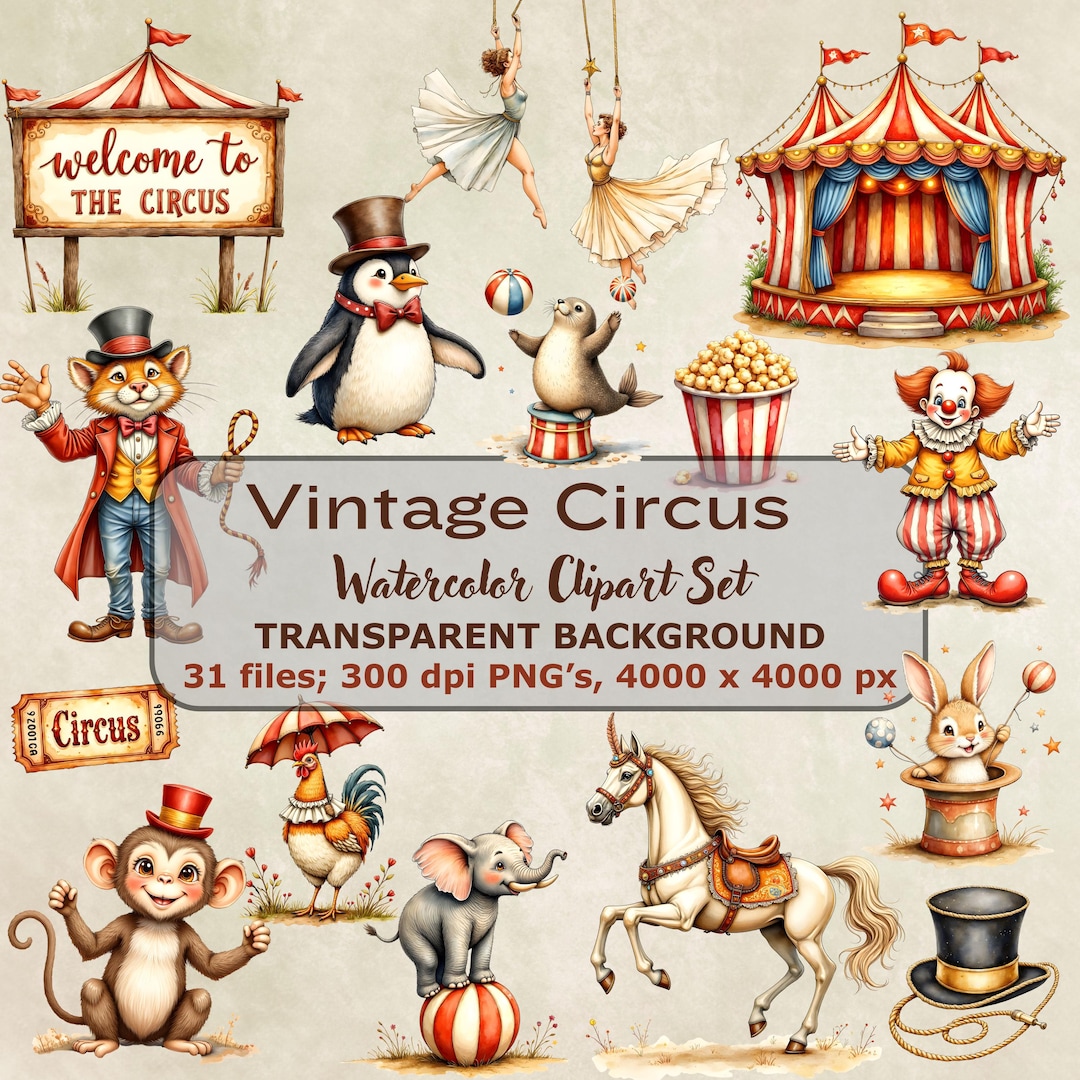 Vintage Circus Watercolor Clipart Bundle, Carnival Decor (PNG Digital ...