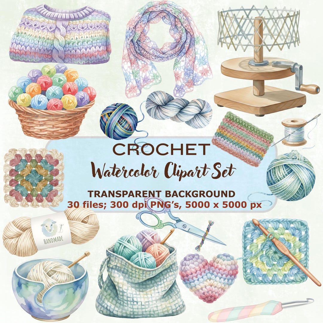 Watercolor Crochet Clipart Bundle – Yarn & Hooks PNG Designs (digital ...