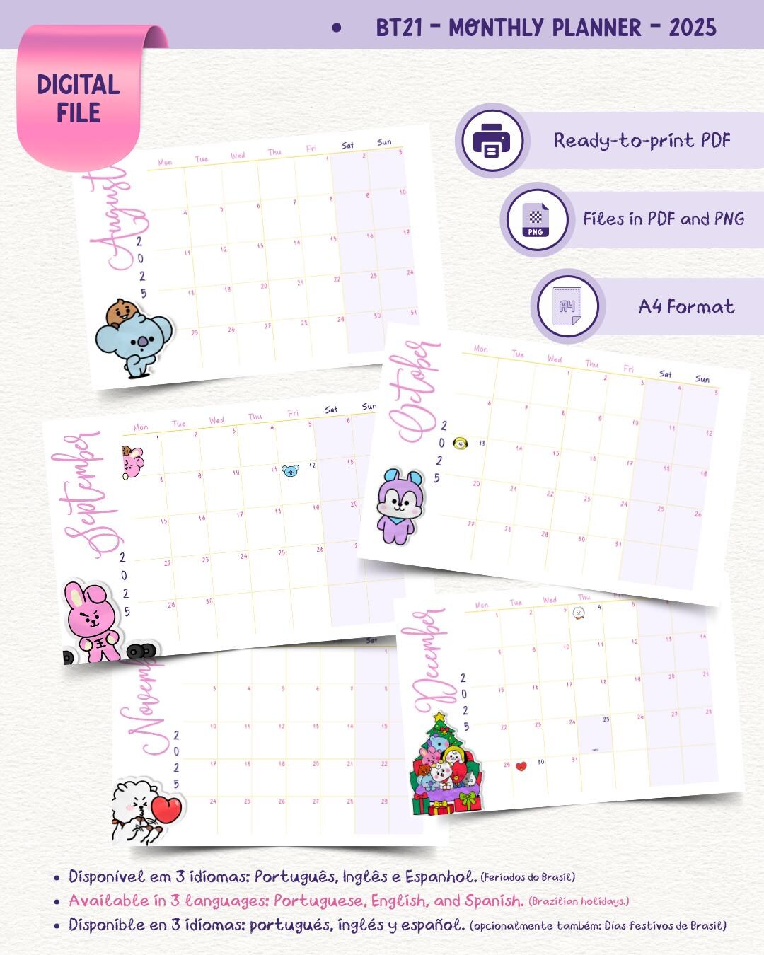 BTS BT21 Monthly Planner 2025: KPOP Digital Download (printable PDF A4 ...