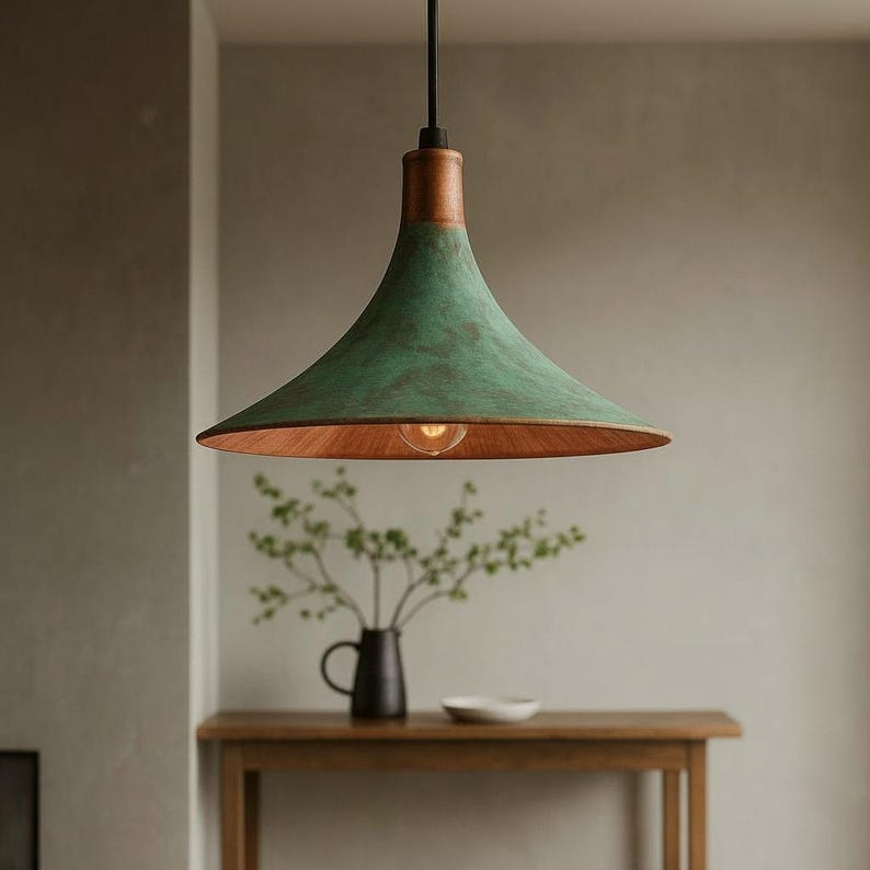 Set of 2 Handmade Verdigris Brass Pendant Lights: Boho Rustic Fixtures ...