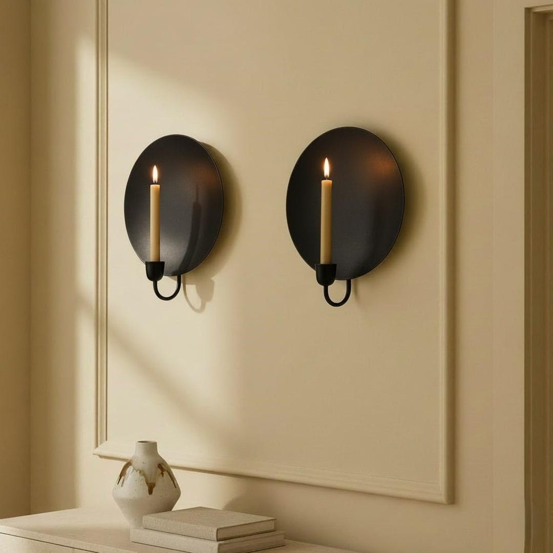 Set of 2 Matte Black Candle Wall Sconces, Round Reflector Holders ...