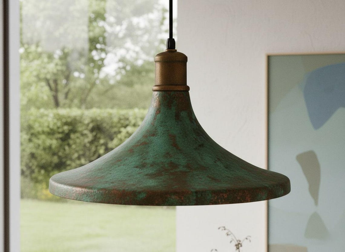 Set of 2 Handmade Verdigris Brass Cone Pendant Lights: Boho Rustic ...