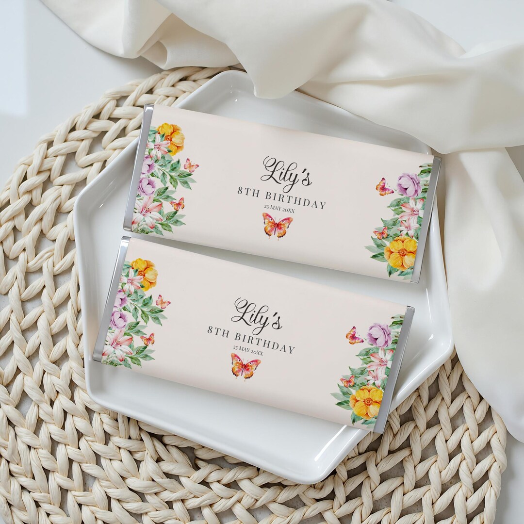 Floral Butterflies Chocolate Wrapper | Birthday Party Favor (digital ...