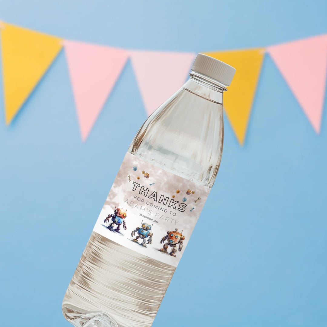 Robots Water Bottle Label 8.5x2" | Grunge Brown Robot Party Wrap ...