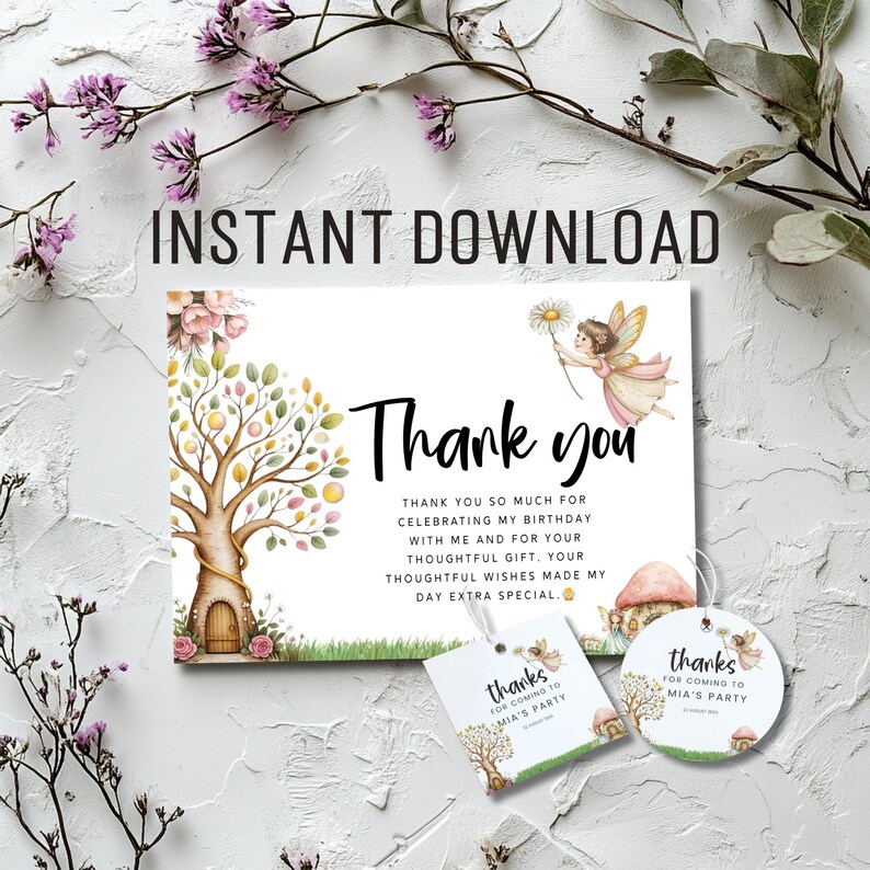 Fairies Birthday Thank You Card | Editable Garden Favor Tags (digital ...