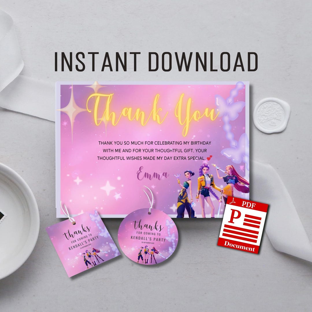 K-pop Demon Hunters Thank You Card | Anime Birthday Party, Favor Tags ...