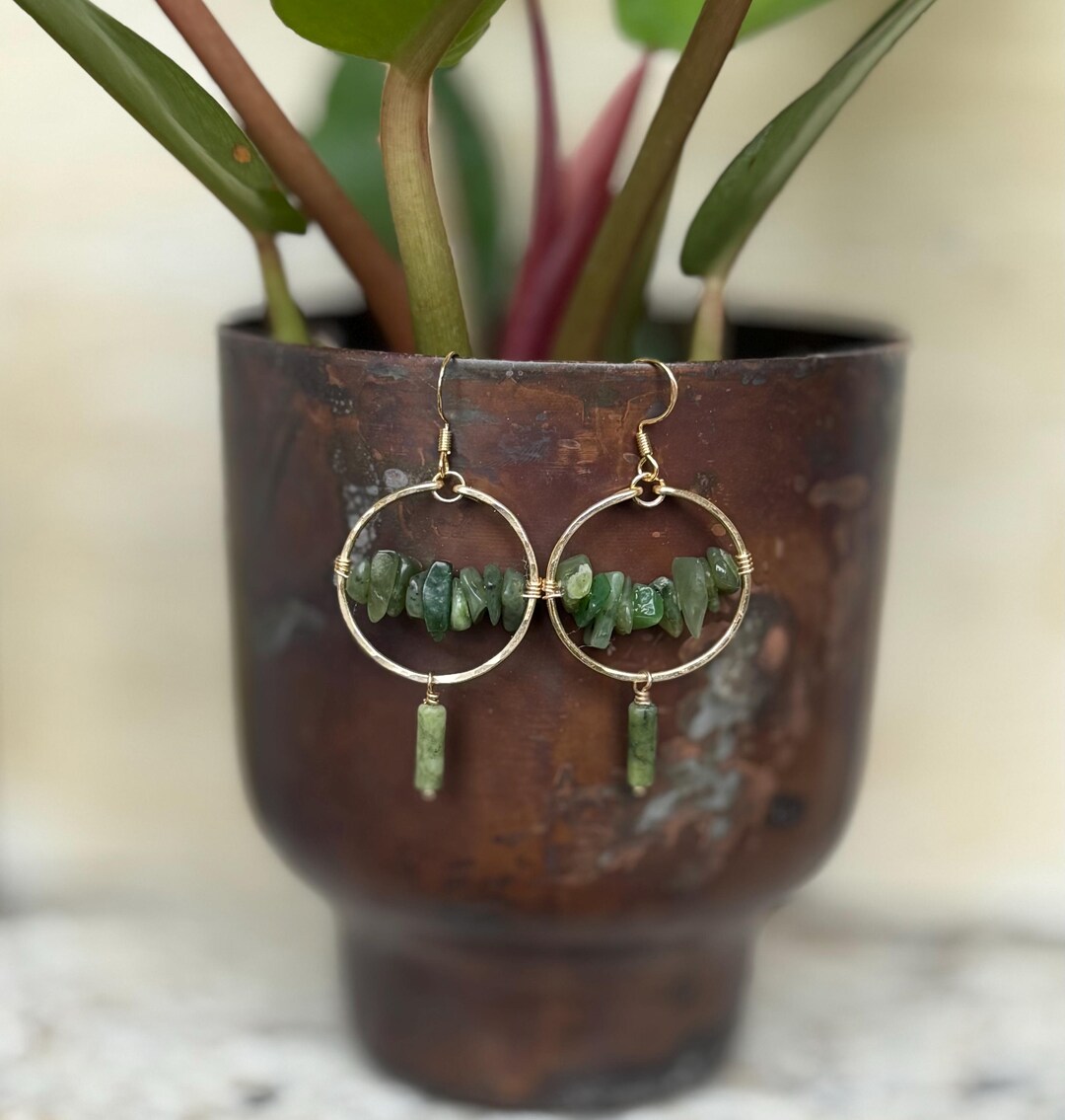 Jade Hoops: Green Gemstone, Hammered Metal, Wire-wrapped ...