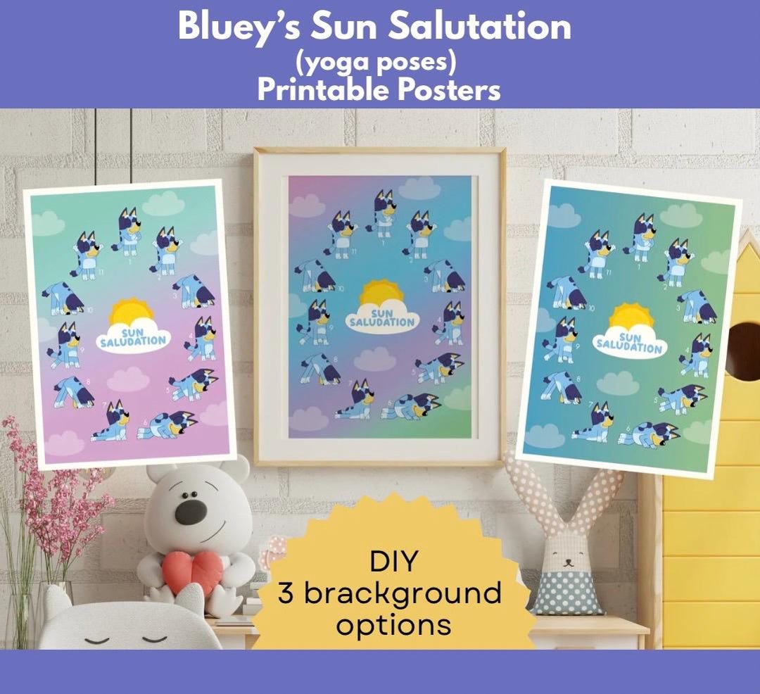 Bluey Sun Salutation Kids Yoga Poster | Educational Printable Wall Art ...