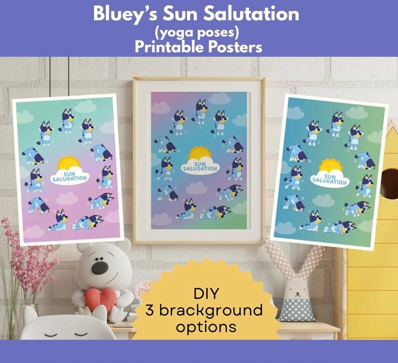 Bluey Sun Salutation Kids Yoga Poster | Educational Printable Wall Art ...