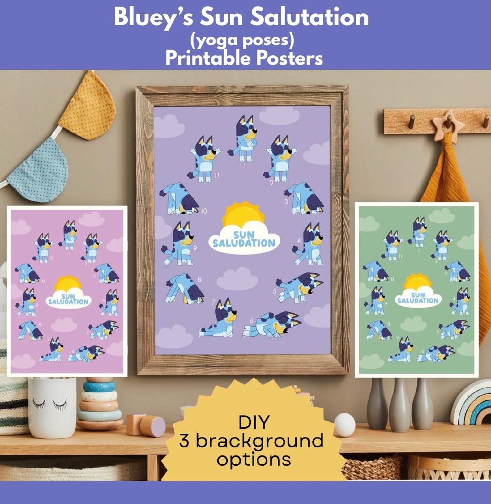 Bluey Sun Salutation Kids Yoga Poster | Educational Printable Wall Art ...