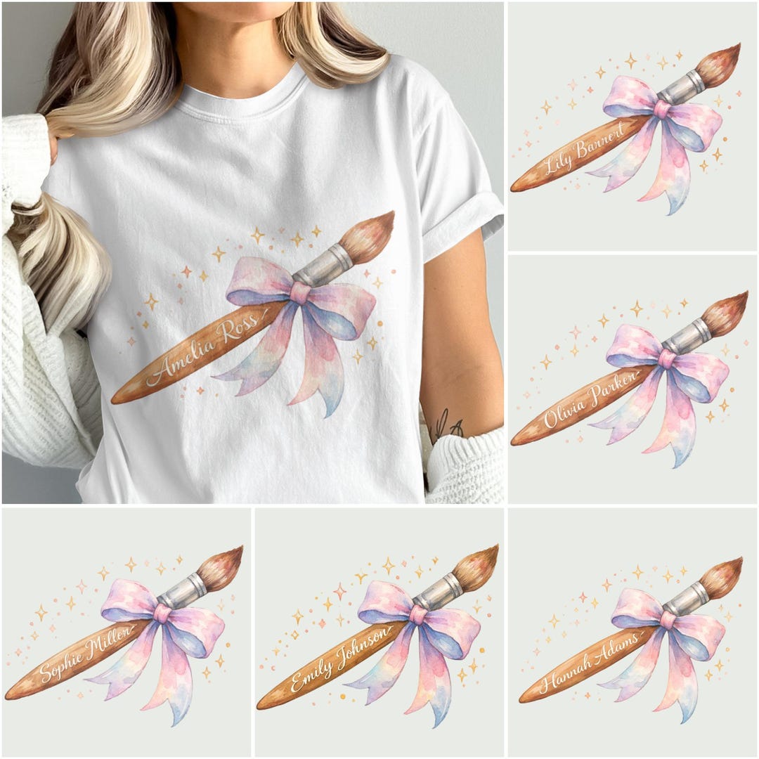 Custom Name Art PNG Digital, Paintbrush Bow Design, School Theme ...