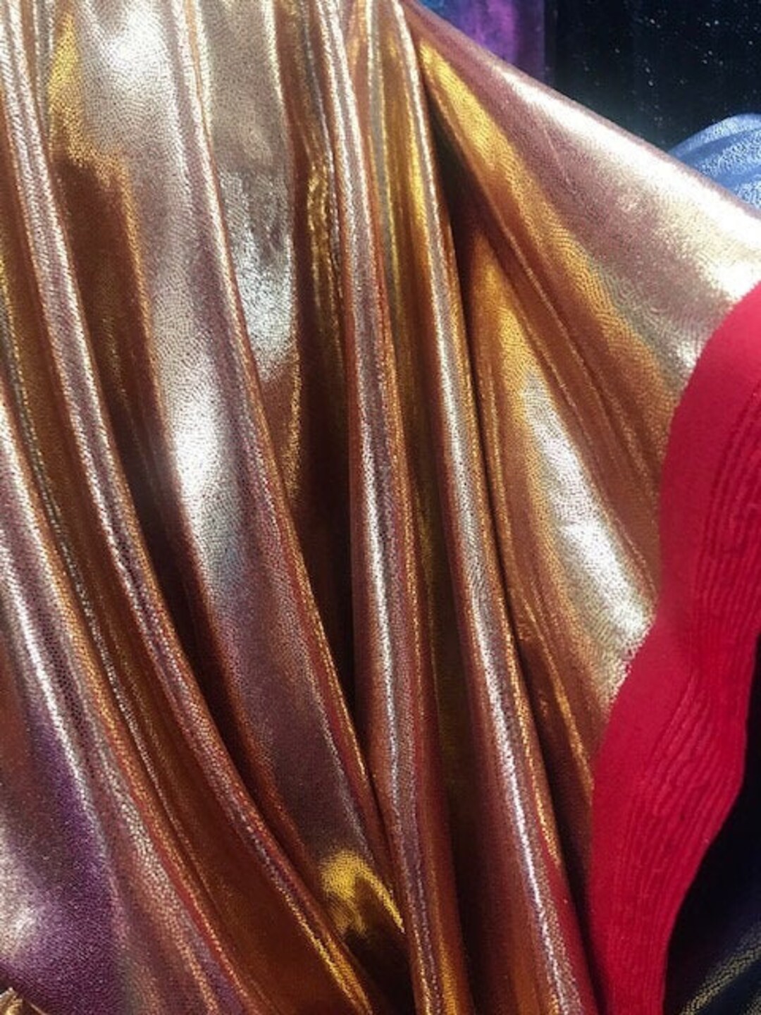 4-way Stretch Mystique Metallic Spandex Fabric - Gold Mystique Dot Red ...