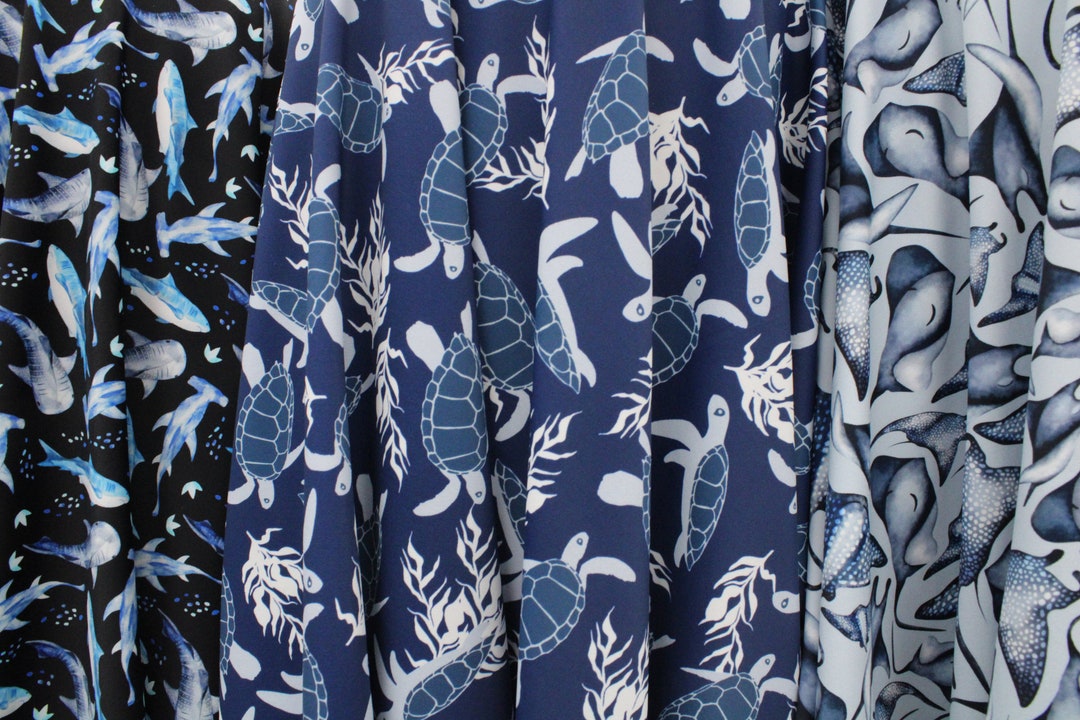 4-way Stretch Printed Spandex Fabric - Marine Animals Sharks Turtles ...