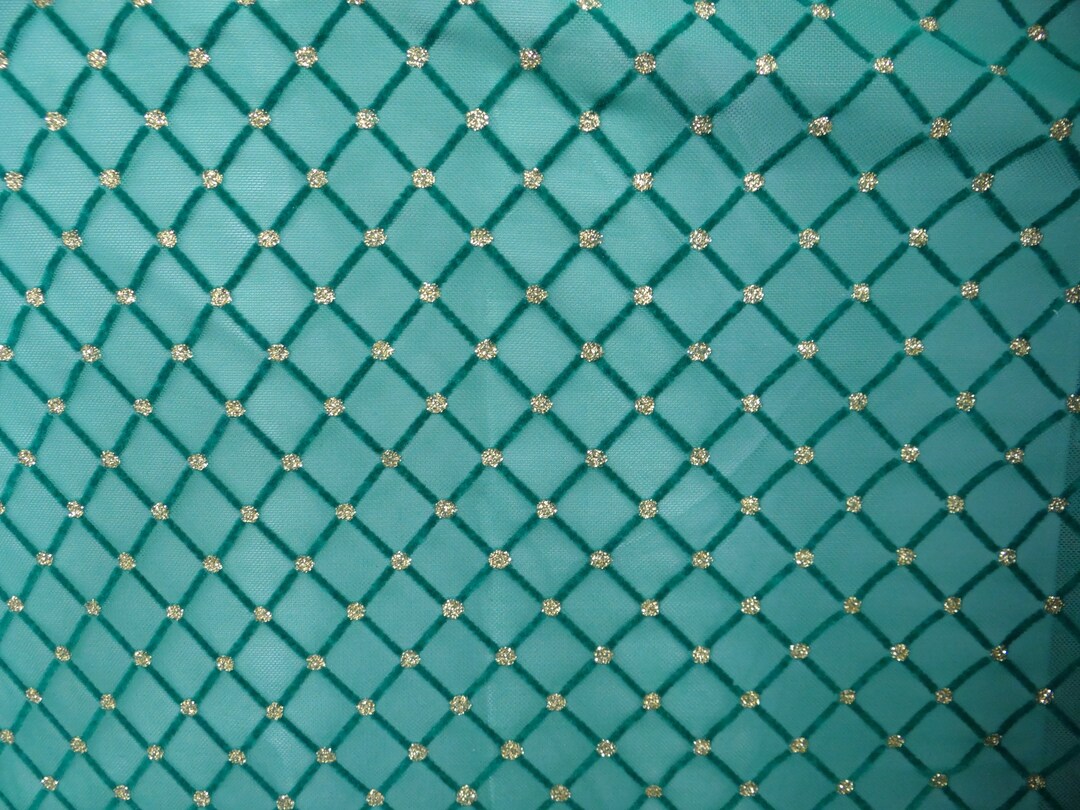 4-way Stretch Mesh - Aqua Mesh With Lattice Velvet Flocking and Gold ...