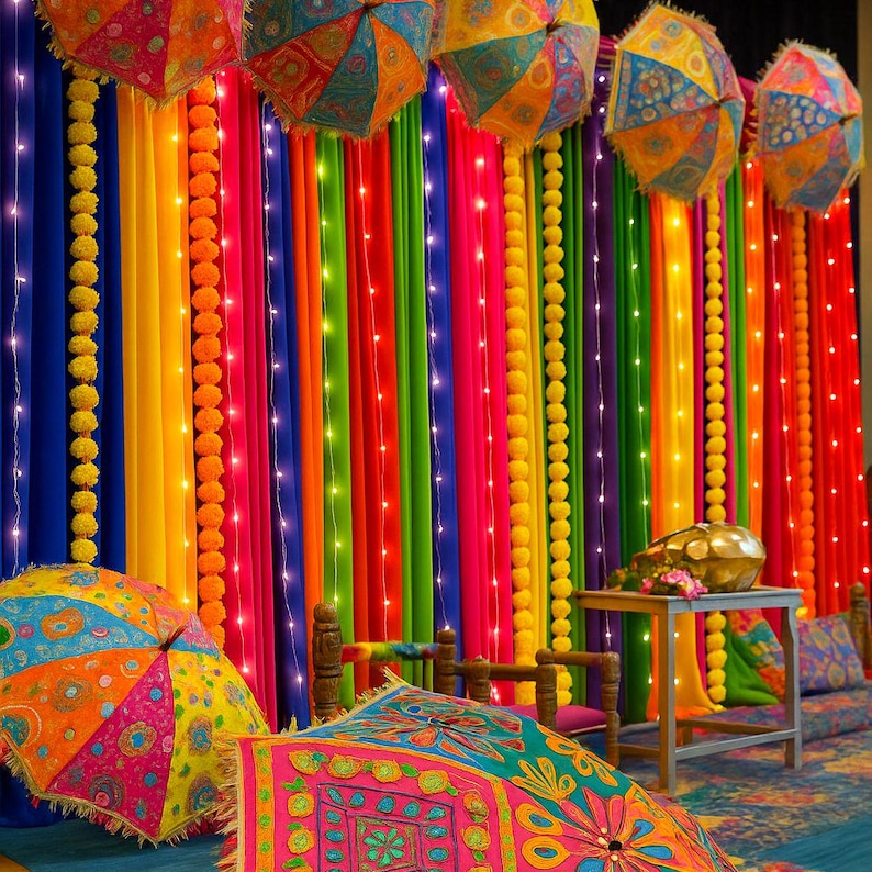 Indian Wedding Backdrop Set: Marigold Hangings, Rajasthani Umbrellas - Etsy