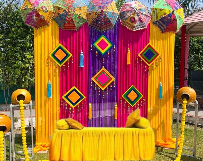 Haldi/mehndi Function Backdrop Decor Kit ( Stitched Curtains +props Set ...