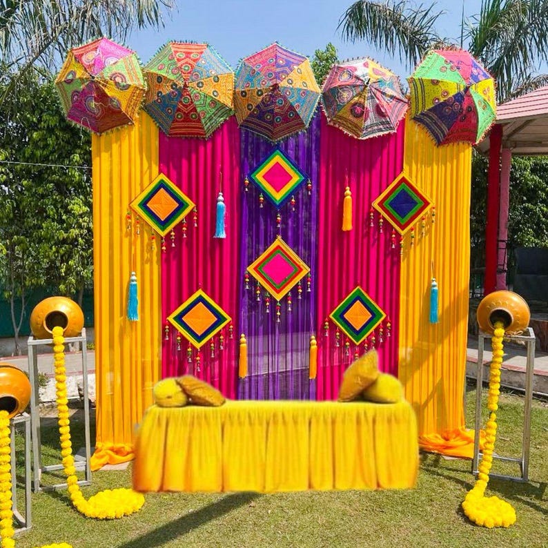 Haldi/mehndi Function Backdrop Decor Kit ( Stitched Curtains +props Set ...