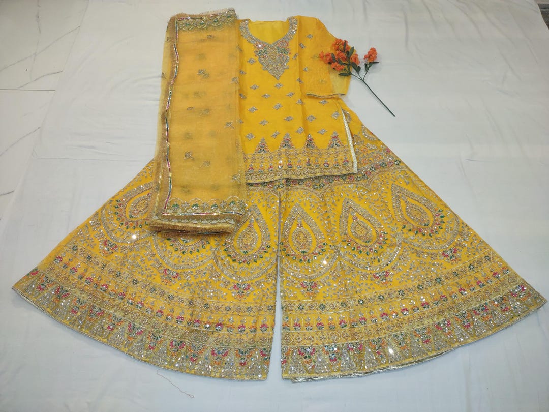 Yellow Multicolour Sharara Suit: Pakistani Mirrorwork Mehndi Dress - Etsy