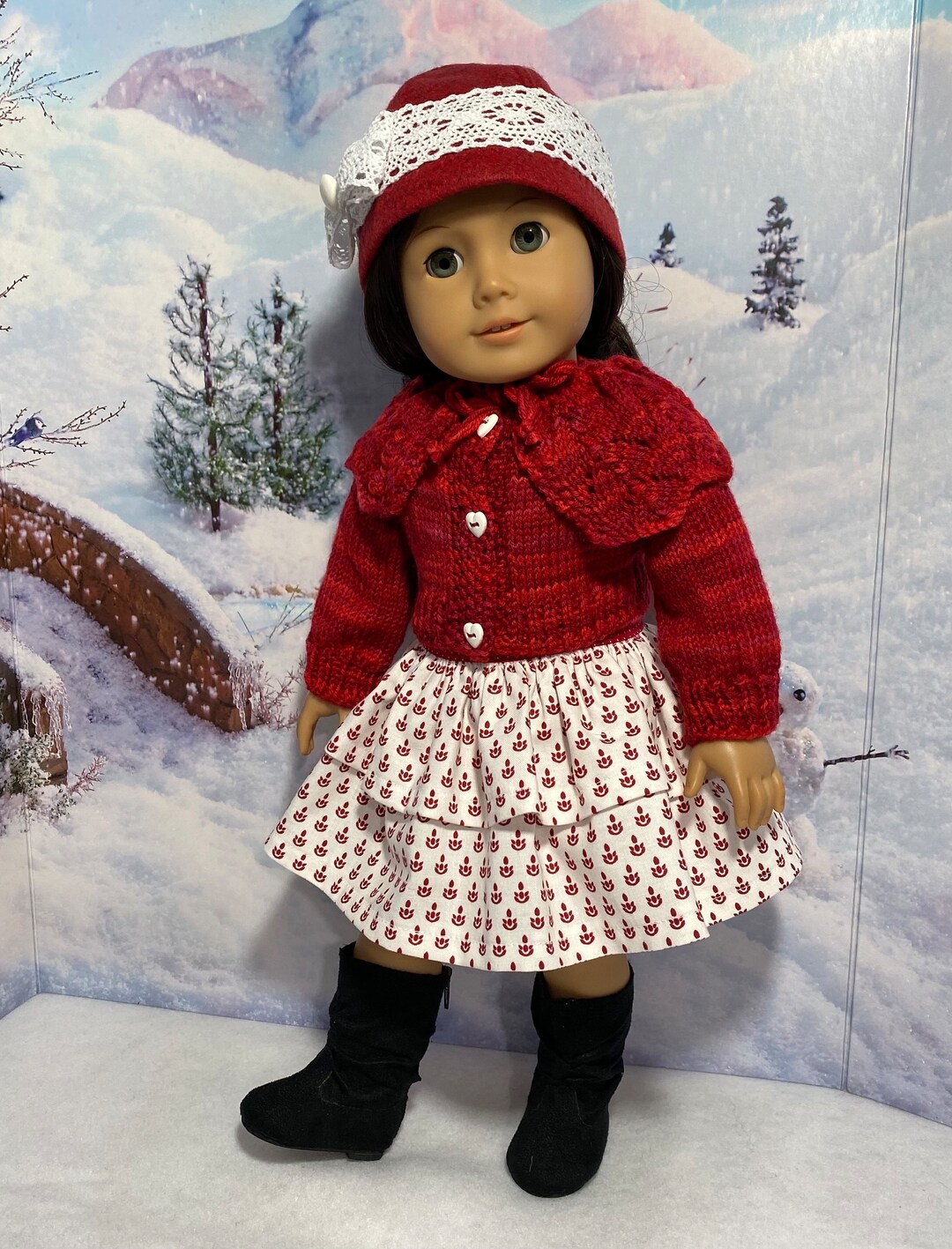 Red Sweater With Decorative Collar and Print Dress Set for 18 Inch ...