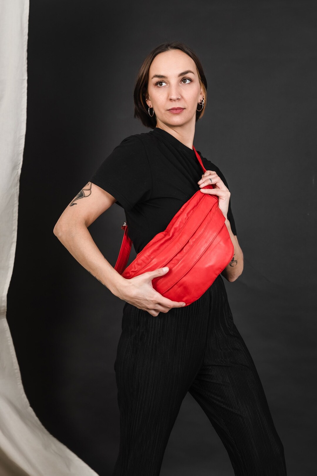 Red Leather Crossbody Bag, Handmade Red Leather Sling Purse, Slouchy ...