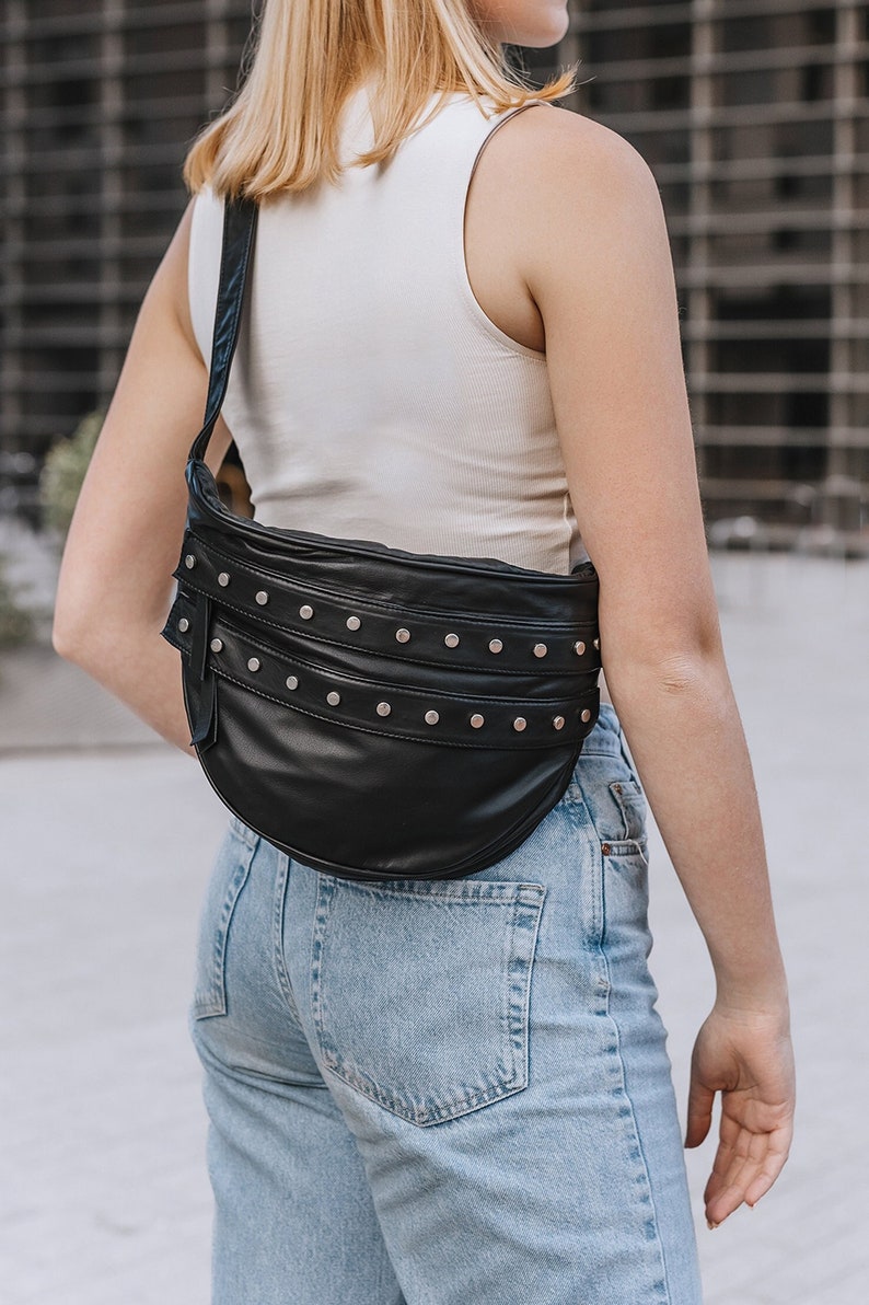 Slouchy Leather Half Moon Crossbody Bag With Studs - Etsy