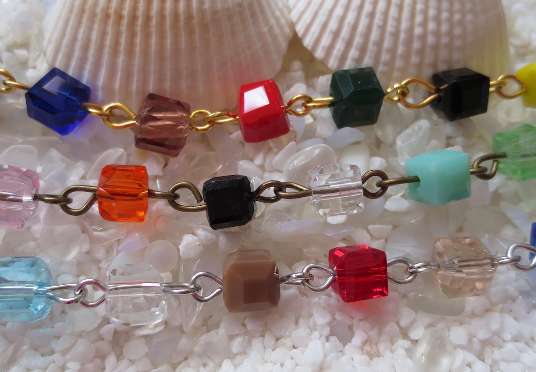 Faceted Glass Cube Beaded Brass Chain - 6mm Cubes - 1 Meter (39 Inches ...