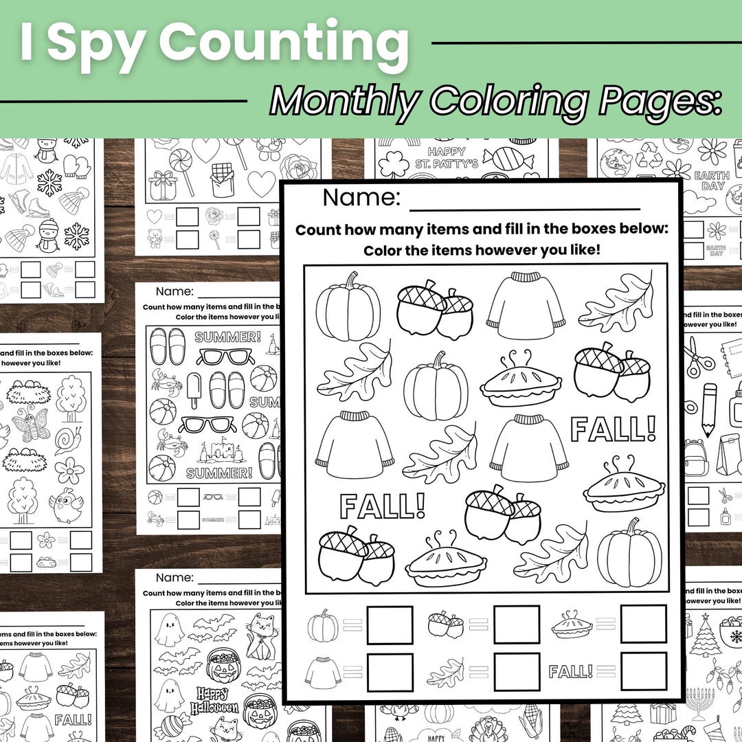 Monthly I Spy Math Worksheets: Preschool Counting Activity (printable ...