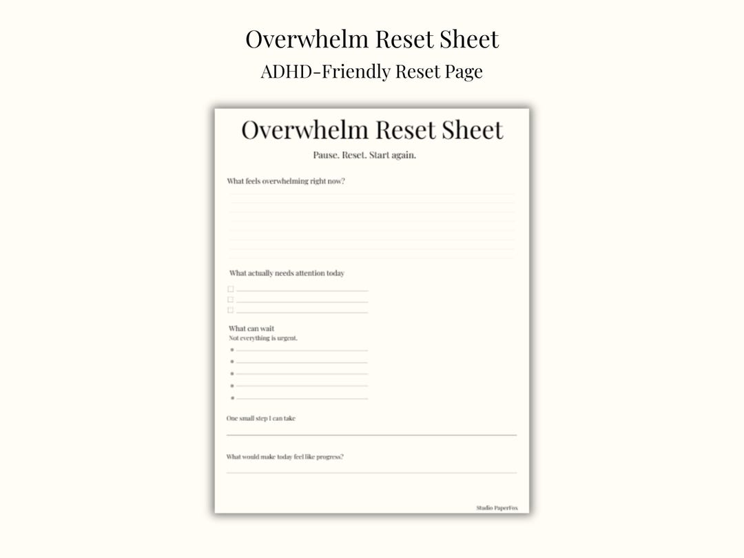 Overwhelm Reset Sheet | ADHD Focus Planner, Mental Clarity Worksheet ...