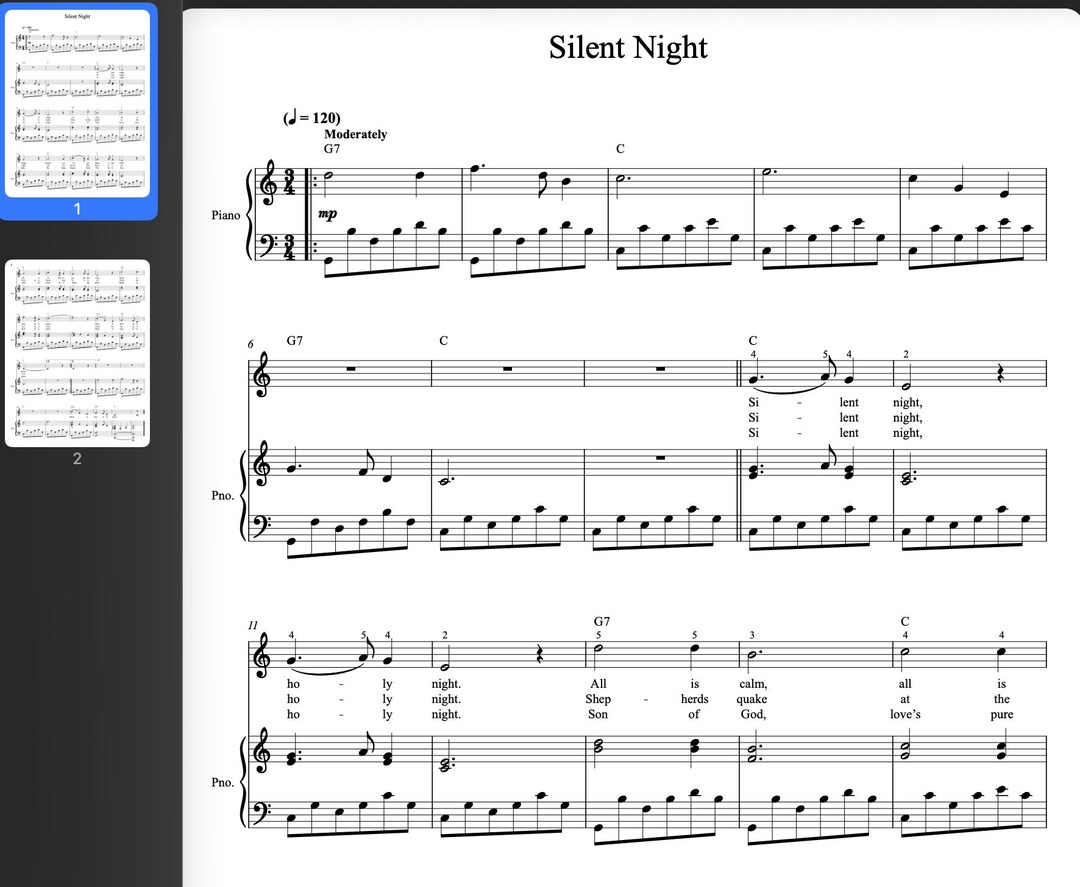 Silent Night Piano Sheet Music: Easy/intermediate Christmas Carol ...