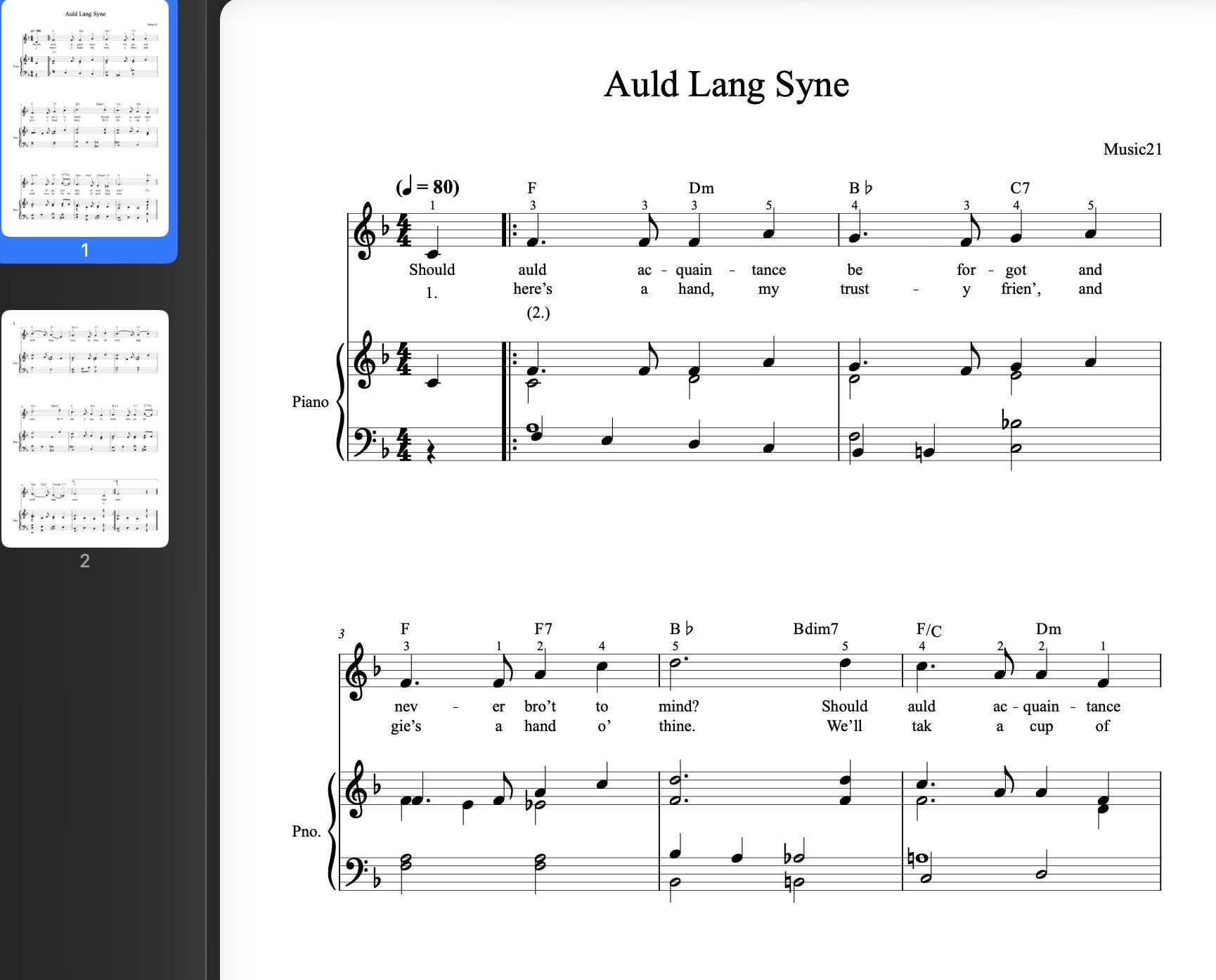 Auld Lang Syne Piano Sheet Music: Easy Christmas Carol (printable PDF ...