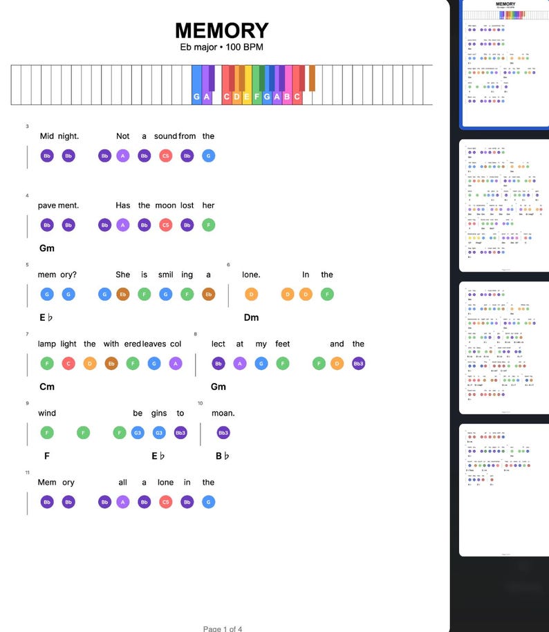Memory – Easy Piano Lead Sheet | Notes + Lyrics + Chords | Beginner ...