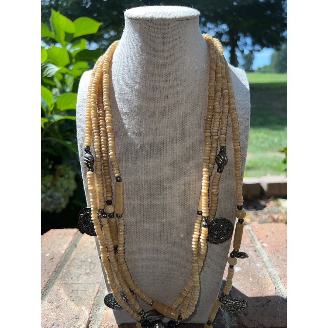 Bohemian Bone Multi-strand and Metal Coin Necklace -- 30" - Etsy