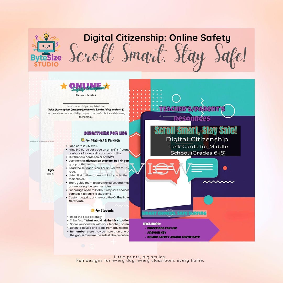 Digital Citizenship Task Cards: Online Safety, Grades 6-8 (digital ...