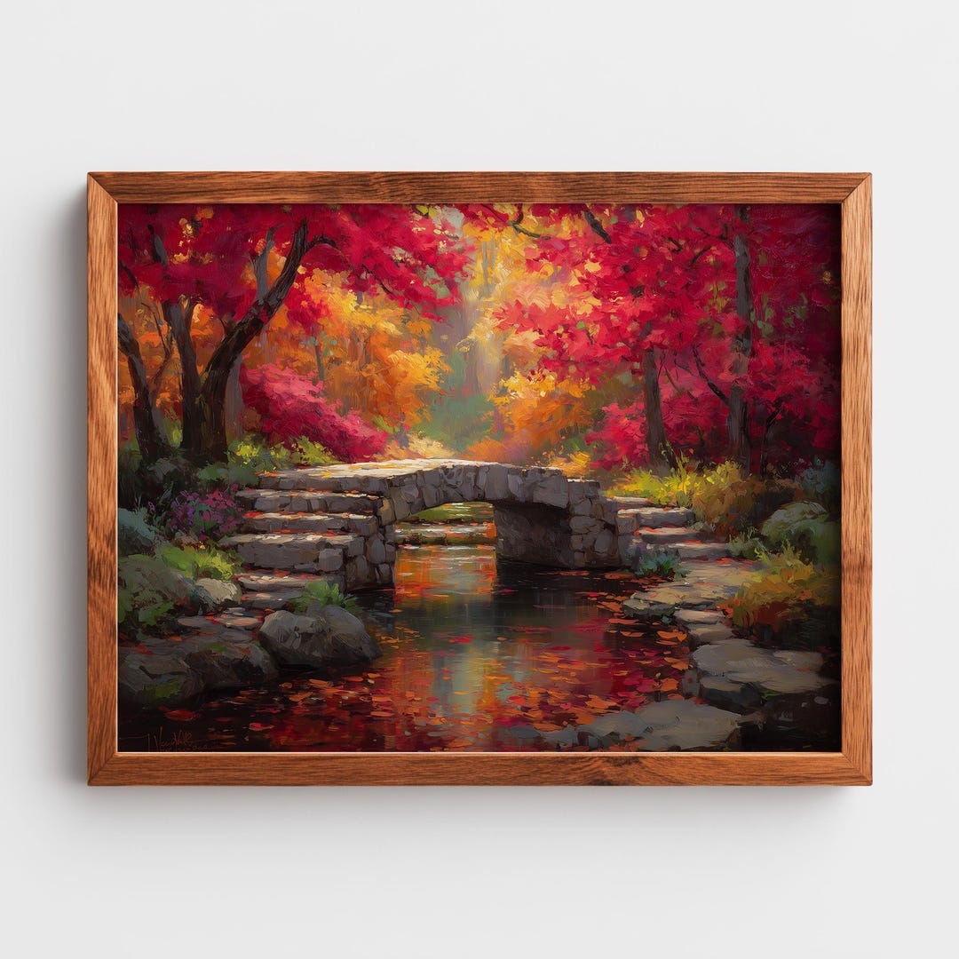 Autumn Stone Bridge Landscape Print: Rustic Cottagecore Wall Art ...
