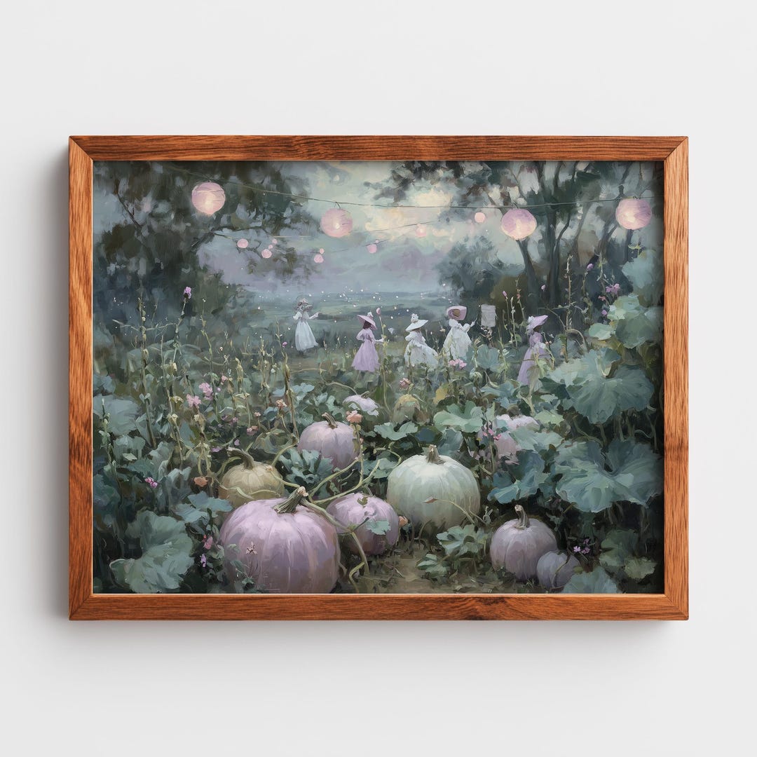 Pastel Pumpkin Patch Painting - Autumn Landscape Art, Rustic ...