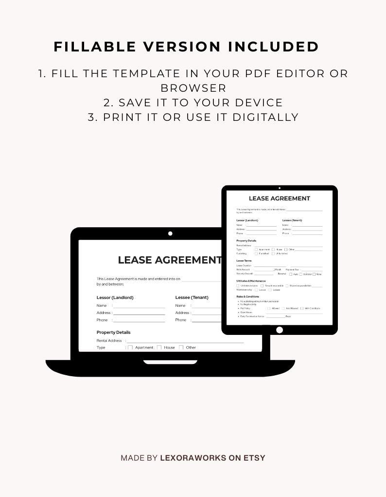 Editable Lease Agreement Template: Landlord Rental Contract (printable ...