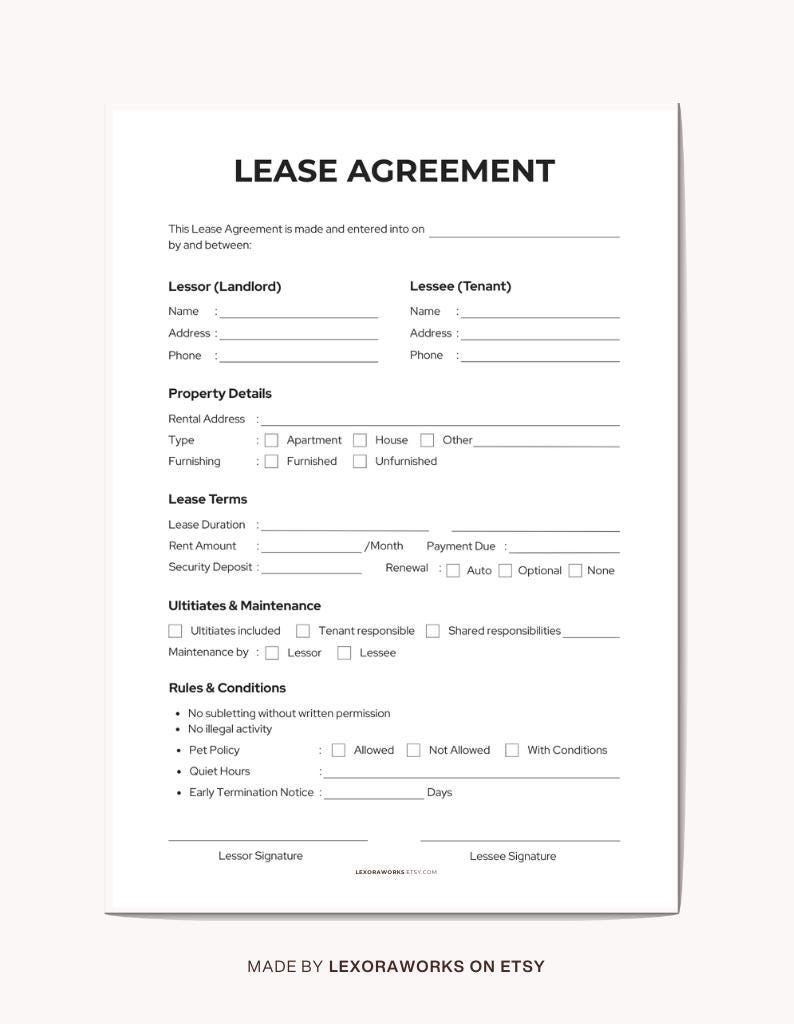 Editable Lease Agreement Template: Landlord Rental Contract (printable ...