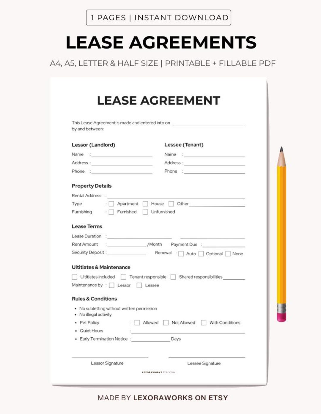 Editable Lease Agreement Template: Landlord Rental Contract (printable ...