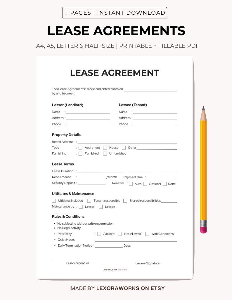 Editable Lease Agreement Template: Landlord Rental Contract (printable ...