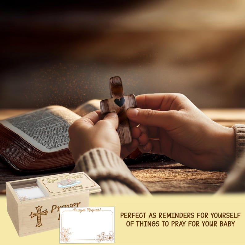 Prayer Box for Baby – 100 Prayer Request Cards, Handheld Cross, Maple ...