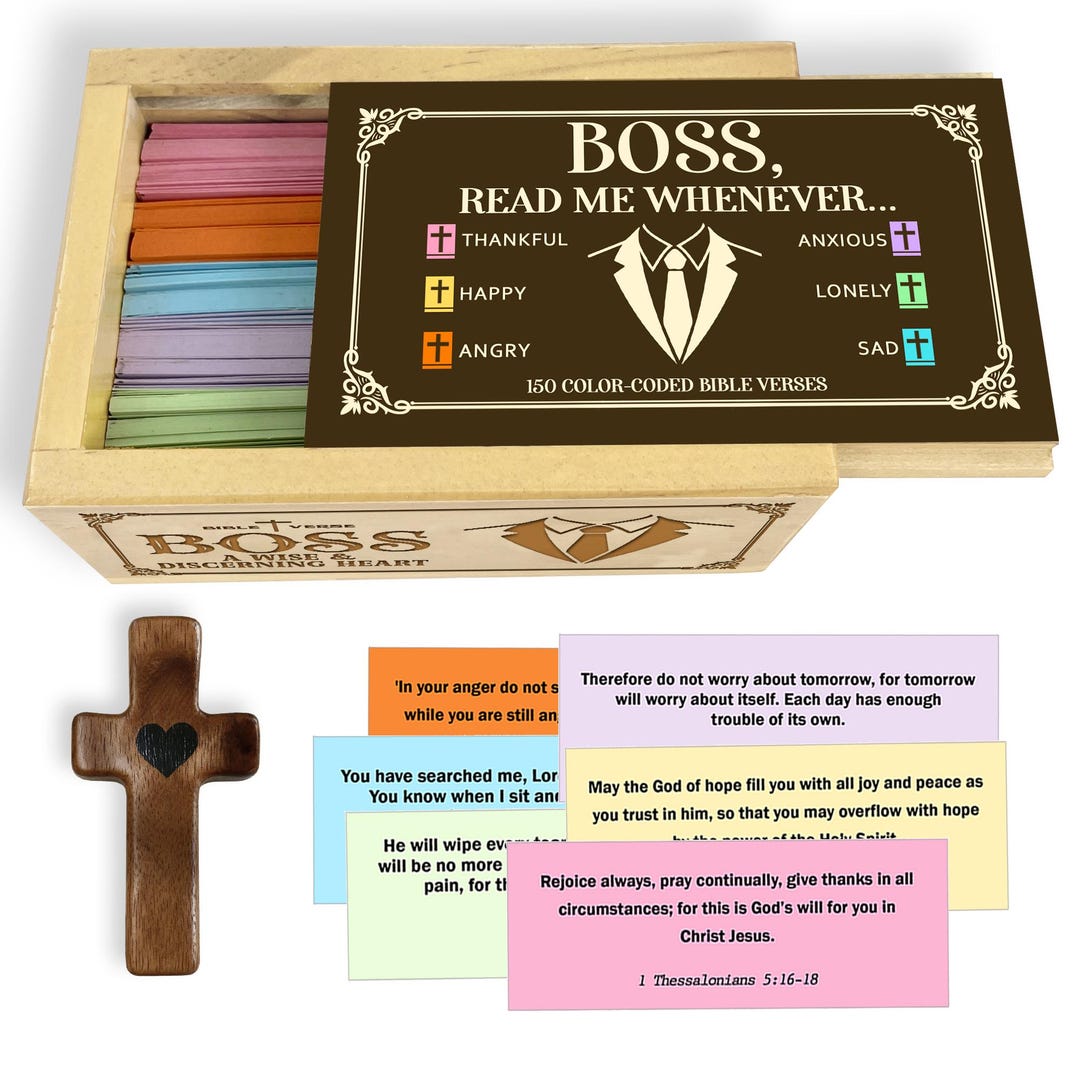 Wooden Bible Verse Box for Boss, 150 Bible Verse Cards, Pocket Cross ...